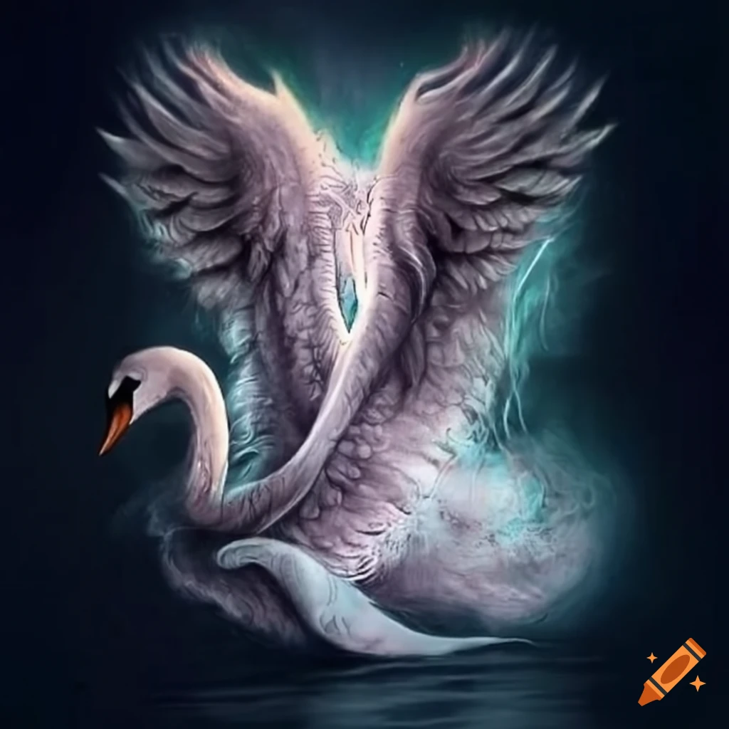 Tattoo of a wolf, angel, and swan design on Craiyon