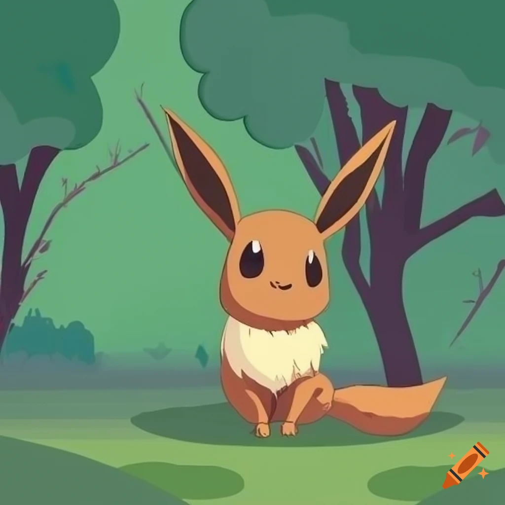 Eevee resting under a tree in a lush cartoon forest setting on Craiyon
