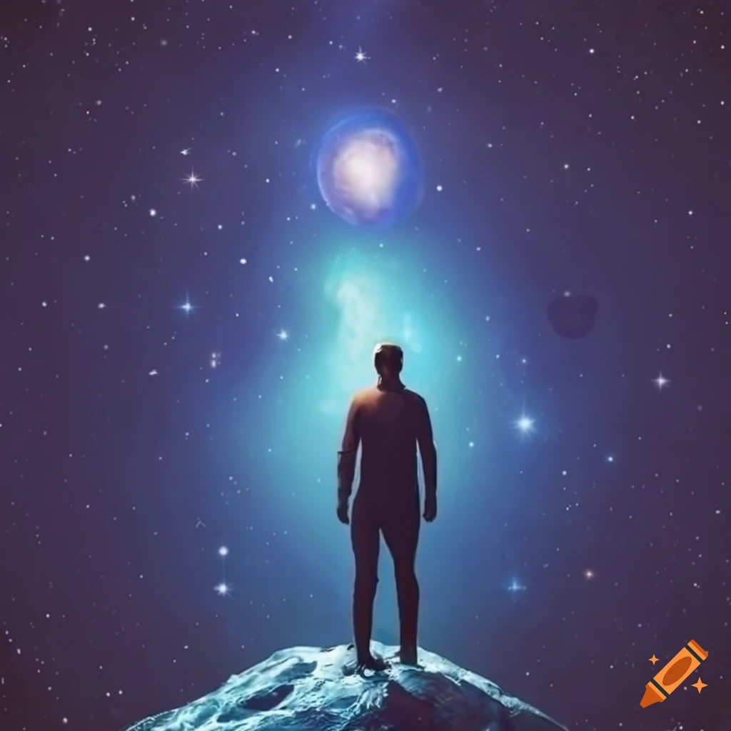 Man standing at the edge of space with celestial void ahead on Craiyon