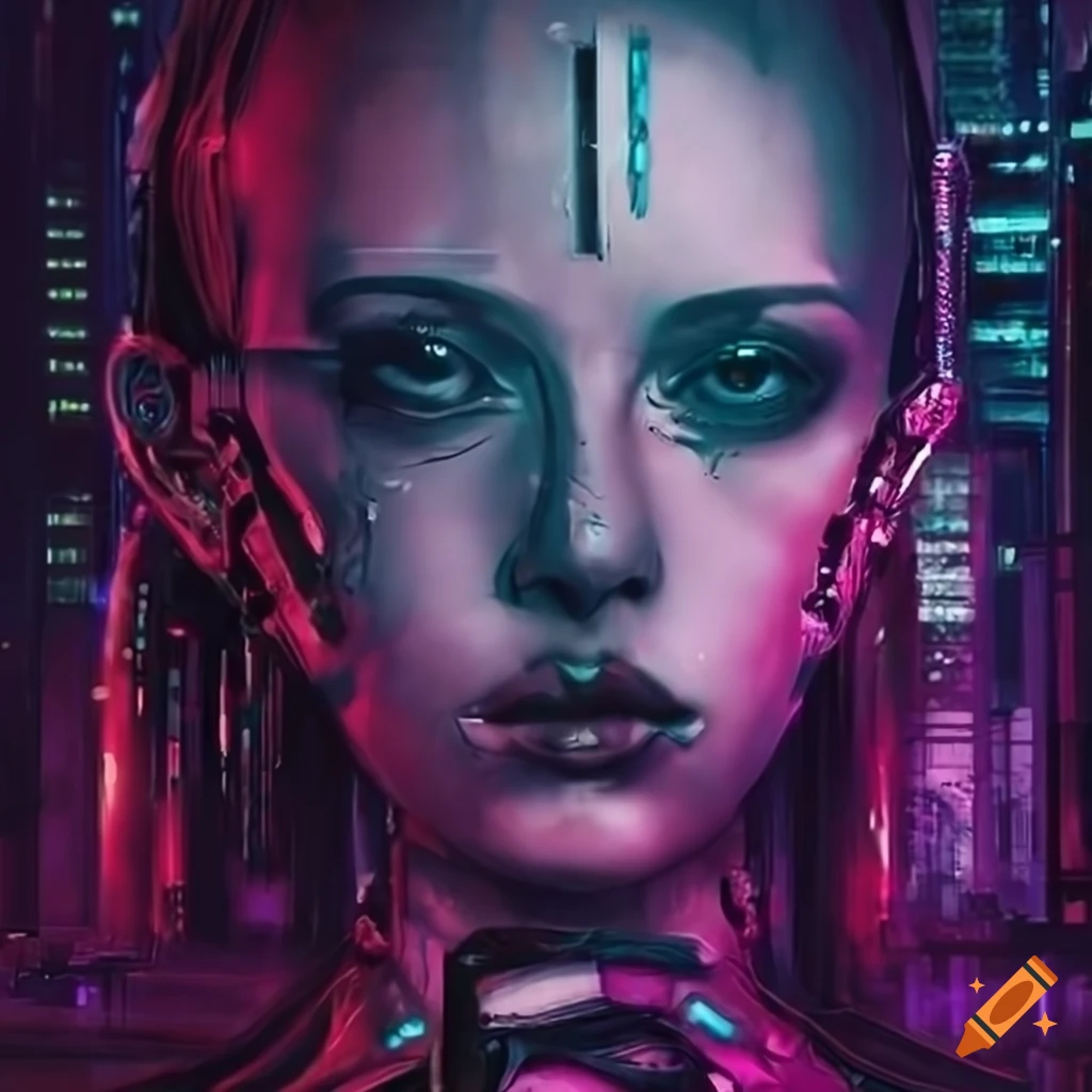 Close-up of a female cyborg goddess in a dark cyberpunk cityscape on ...