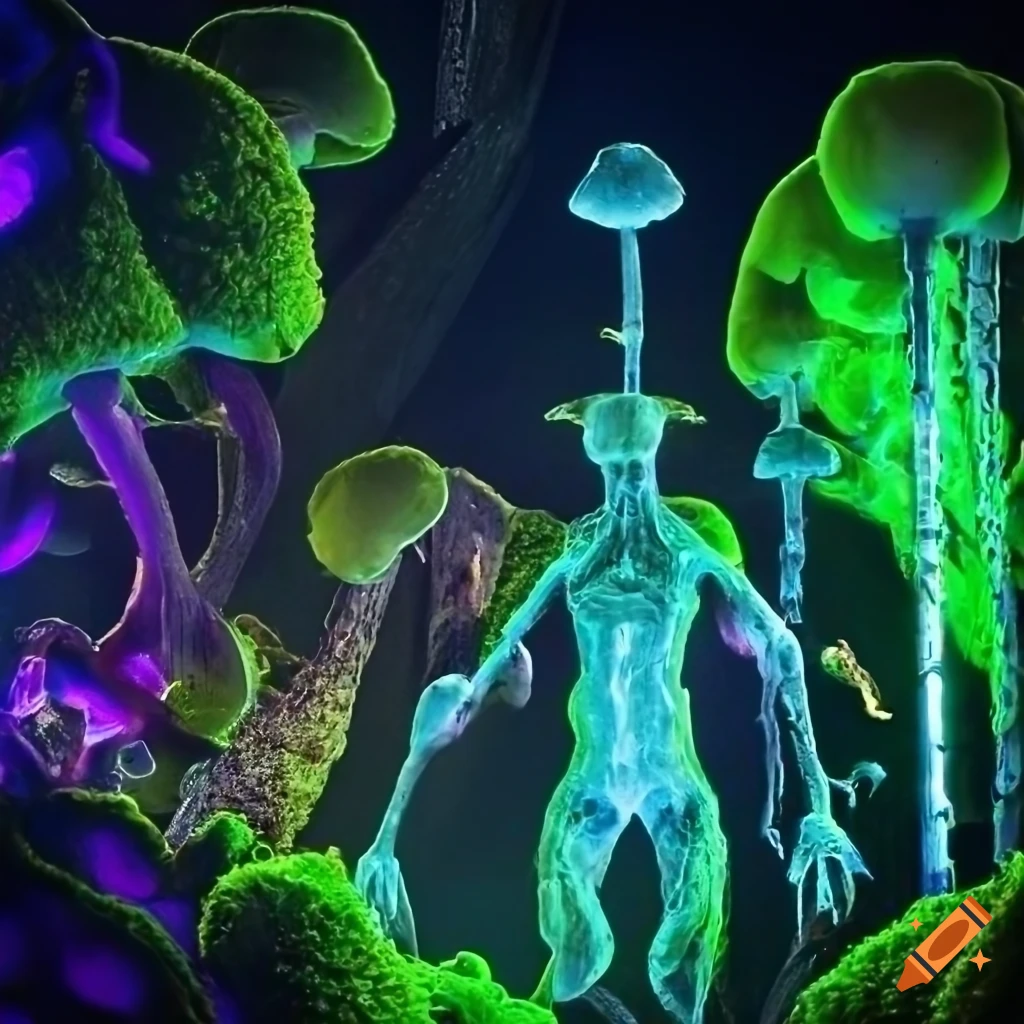 Biopunk cityscape with green moss, plants, mushrooms, and cyborg Mutant ...