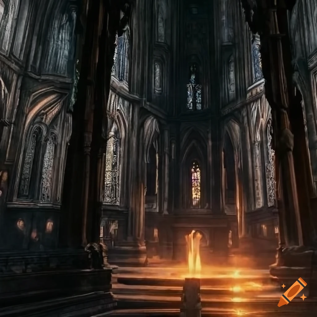 Cathedral interior with high ceiling, rows of pillars, and an altar in ...