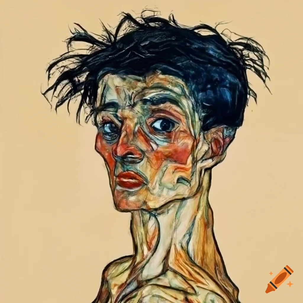 Portrait of a figure in the style of egon schiele with elongated and ...