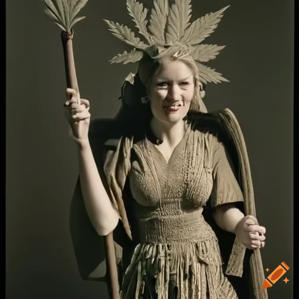 Joyful woman with a cannabis leaf shield in a battle scene on Craiyon