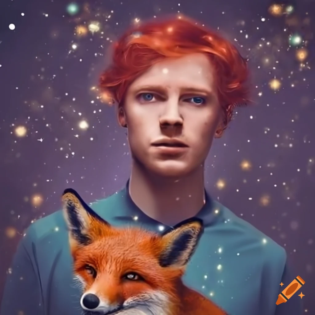 Man with red hair next to fox in a christmas setting with glitter ...