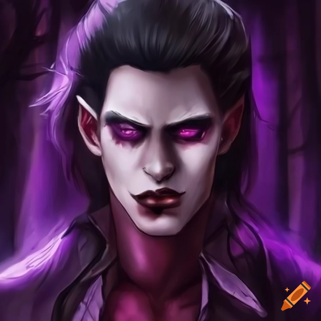 Male vampire with purple eyes and black hair on Craiyon