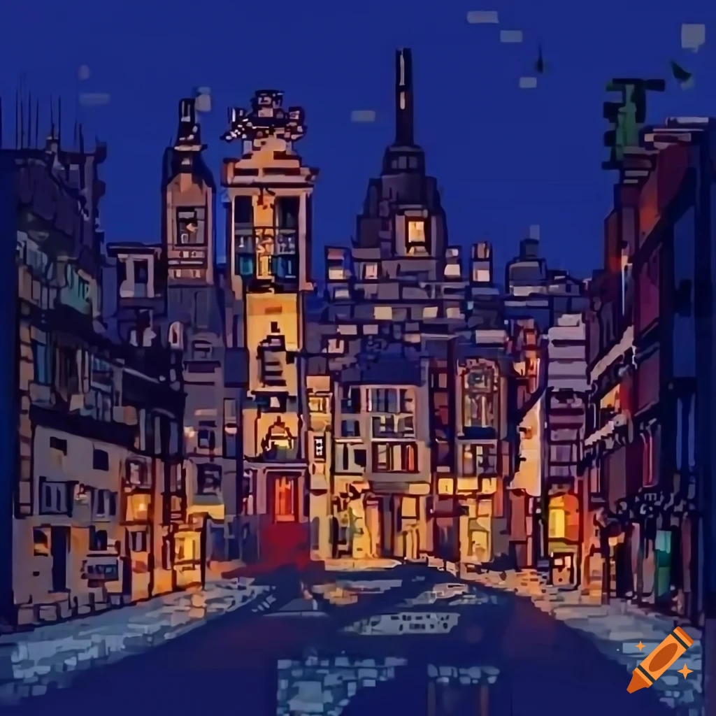 Detailed 8-bit artwork of a medieval coastal city at night with ...