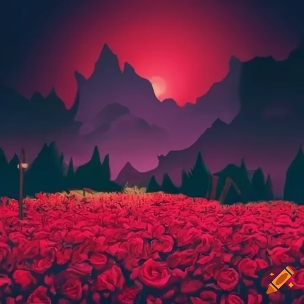 Anime-style landscape of a red rose field on Craiyon