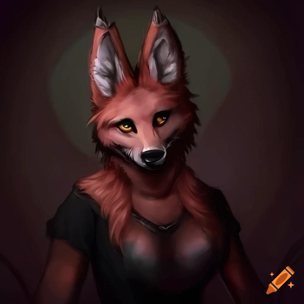 Fantasy art of a humanoid female fruit bat-maned wolf hybrid in shades ...