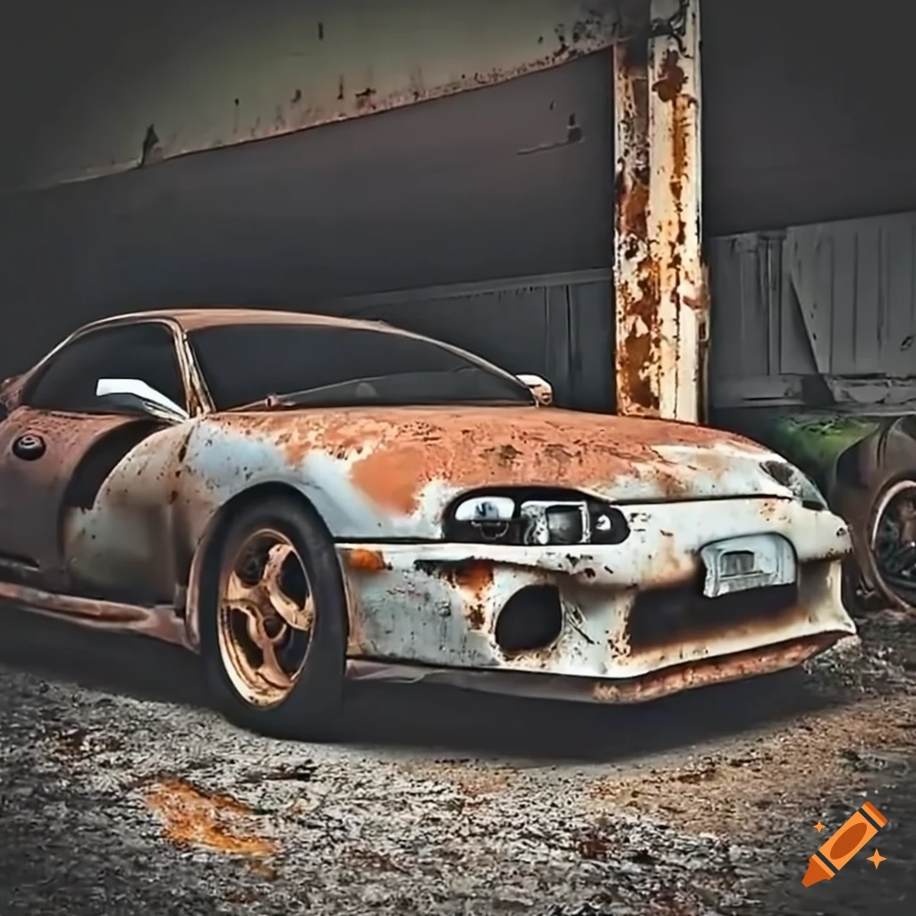 Old abandoned dusty and rusty toyota supra in a garage on Craiyon