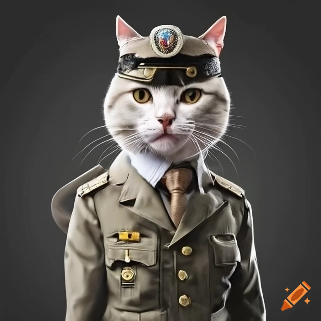 White cat wearing a military uniform on Craiyon