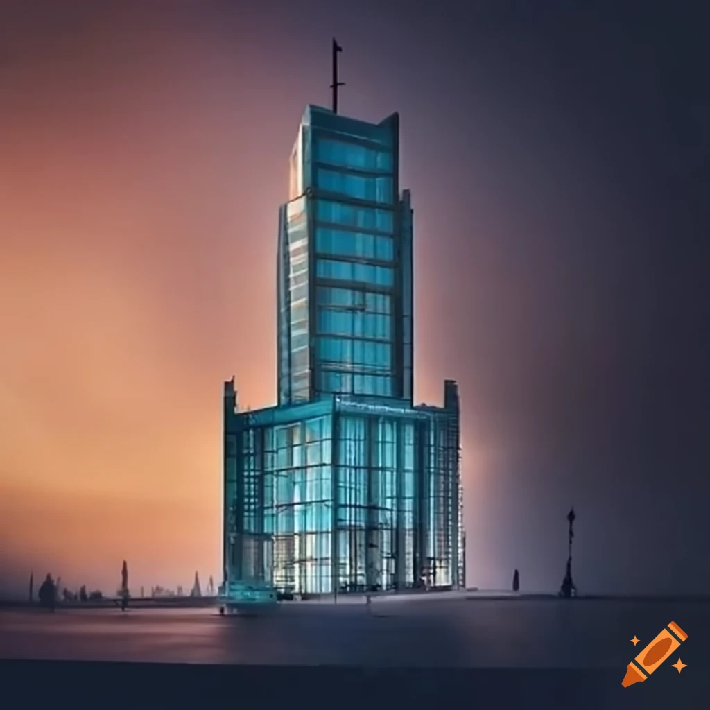 Building with climbing gym tower in urban setting on Craiyon