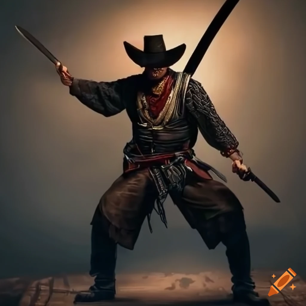 Rugged cowboy with a samurai sword in the wild west on Craiyon