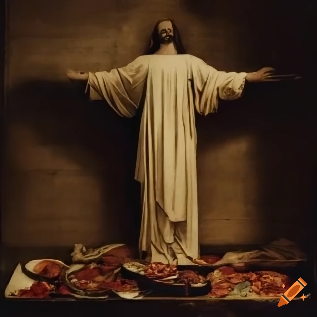 Jesus depicted reverently standing near fallen food on the floor on Craiyon