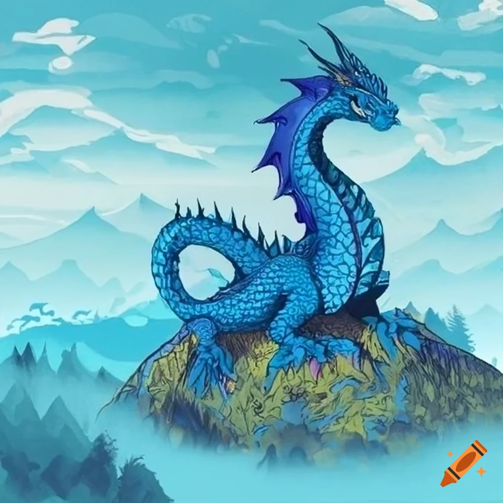 Exquisitely detailed pern-style blue dragon resting on a foggy hilltop ...
