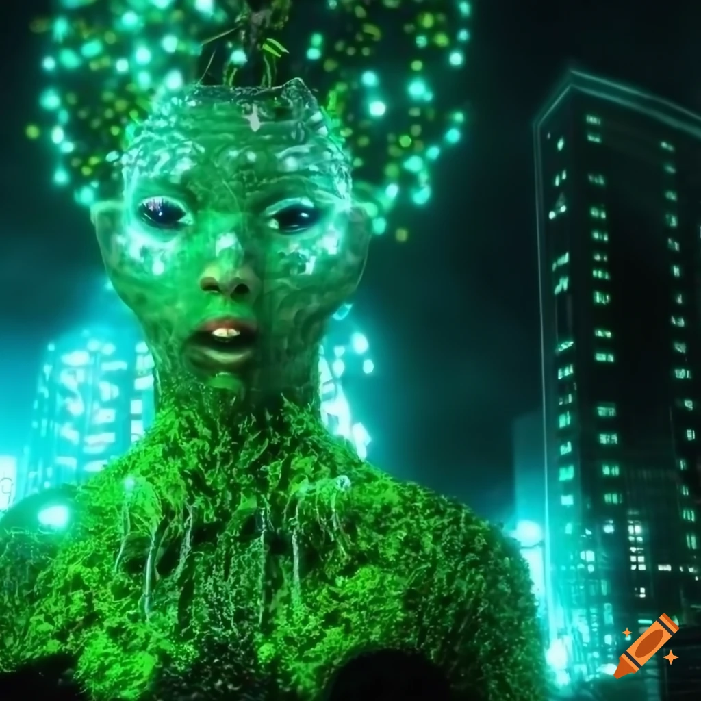 Glowing biopunk cityscape with biological energy sources and cyborg ...