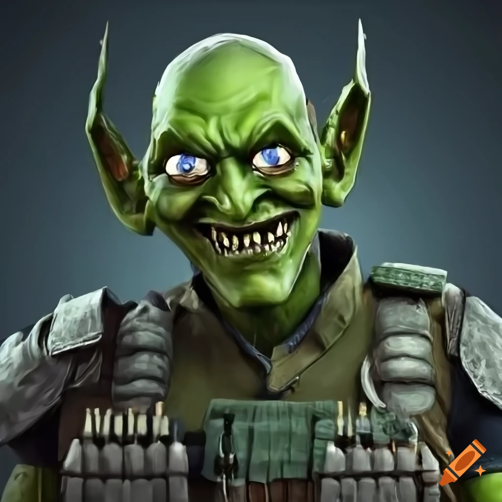 Green goblin with sharp teeth in army attire holding ammunition on Craiyon