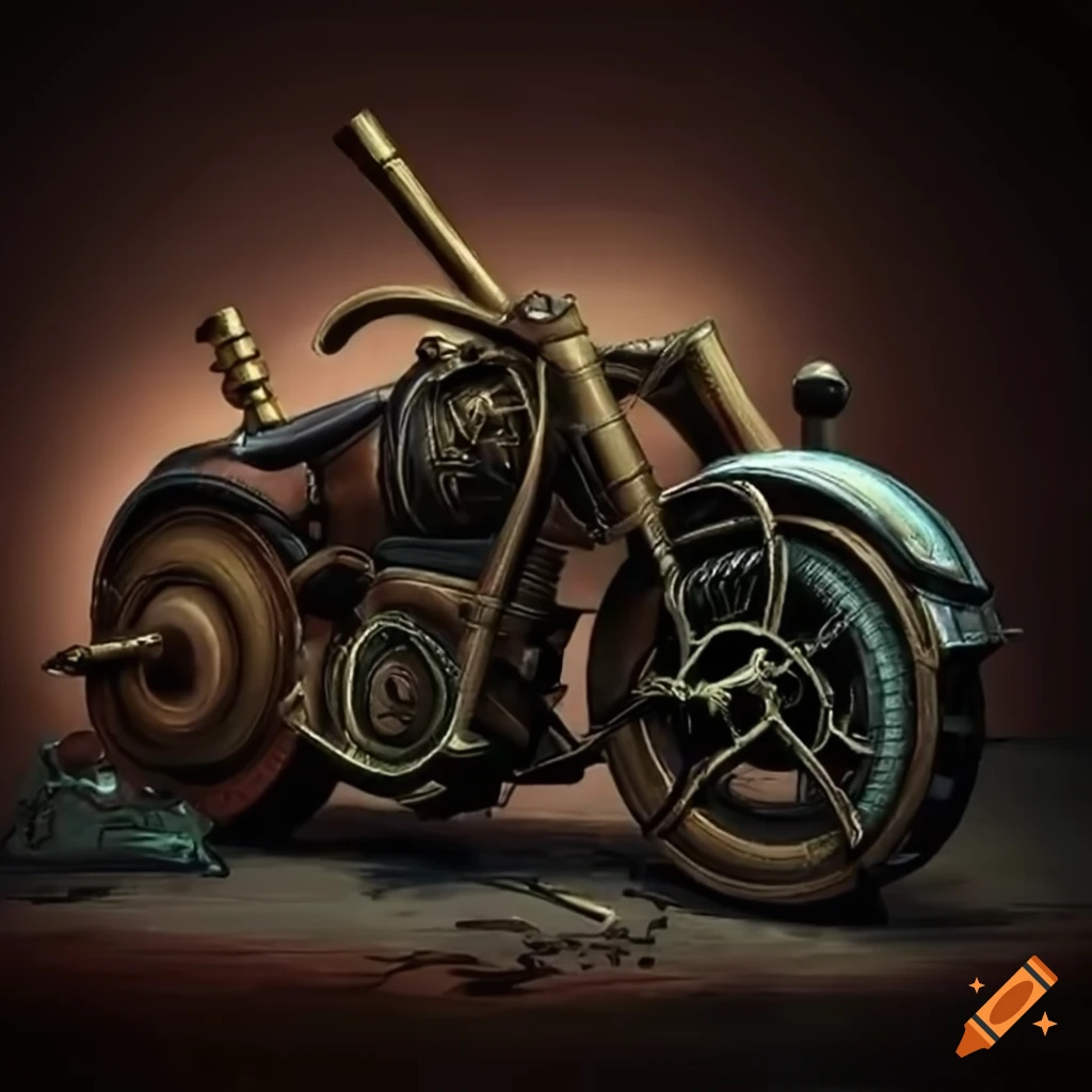 Steampunk motorcycle in a dark setting on Craiyon