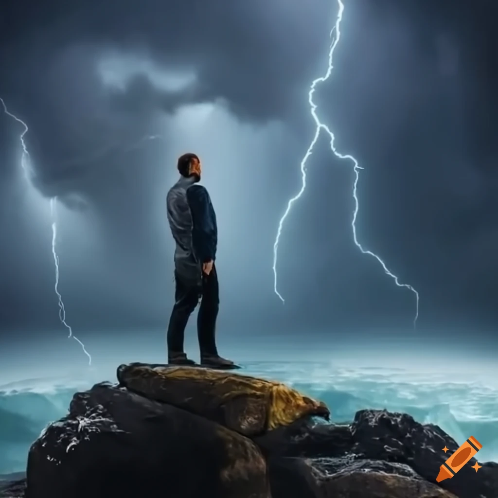 Man standing on a rock amidst a storm on Craiyon