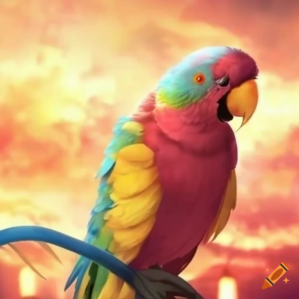 Enchanting anime scene of a clever parrot conversing with a doll on Craiyon