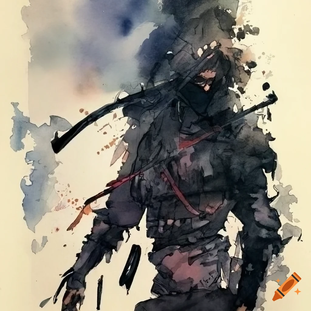 Yoji Shinkawa's ink and watercolor ninja artwork on Craiyon