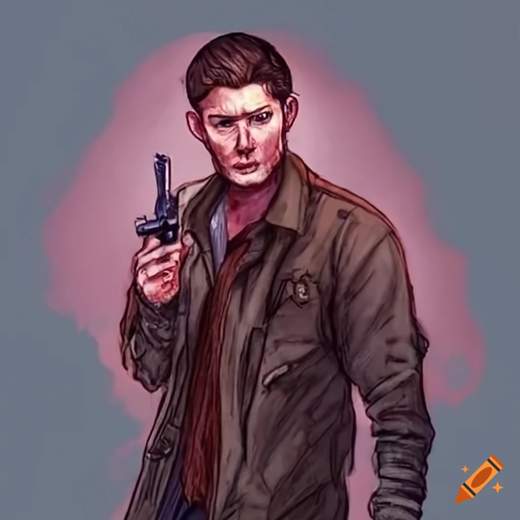 Dean Winchester holding a gun in a dramatic stance on Craiyon