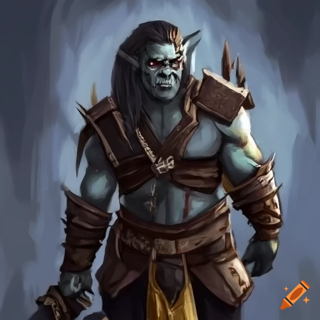 Gray-skinned male half-orc with dark eyes and long hair on Craiyon