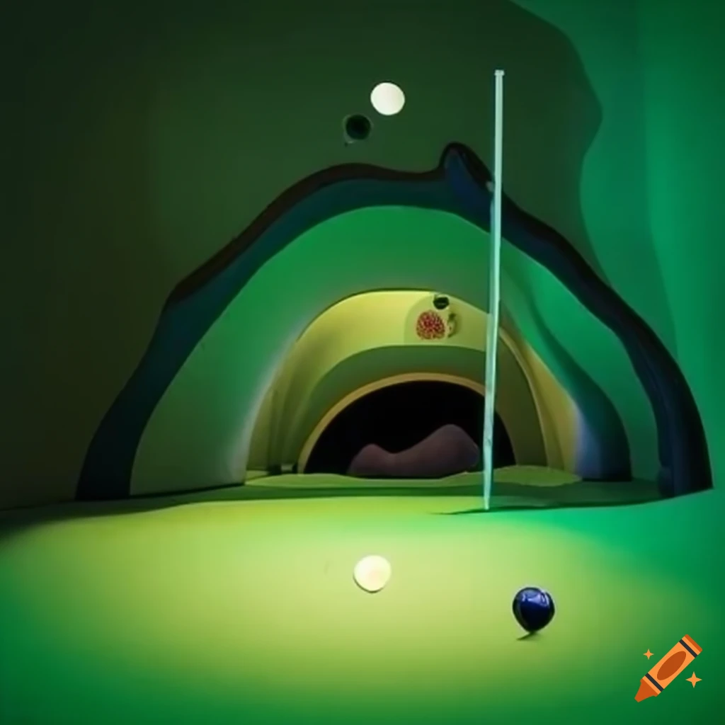 Room with walls and ceiling transformed into mini golf courses on Craiyon