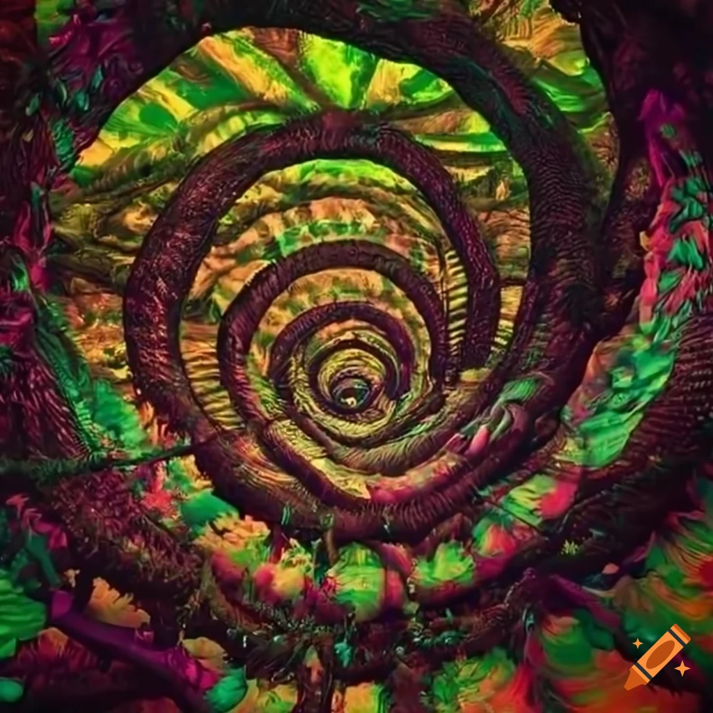 Psychedelic spiral forest with people inside on Craiyon