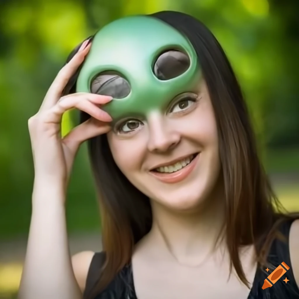 Beautiful brunette alien woman smiling in a park on Craiyon