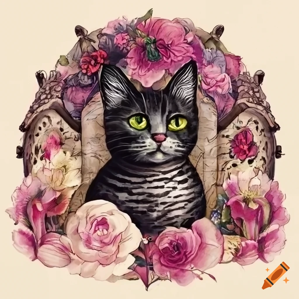 Floral gothic cats and treasure chest in high definition drawing on Craiyon