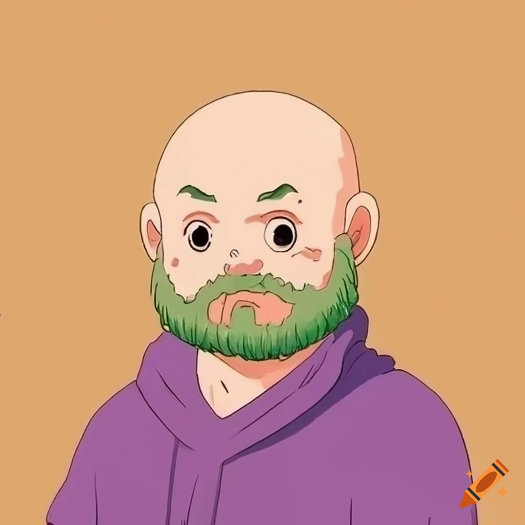 Chubby bald bearded man inspired by Studio Ghibli with green eyes on ...