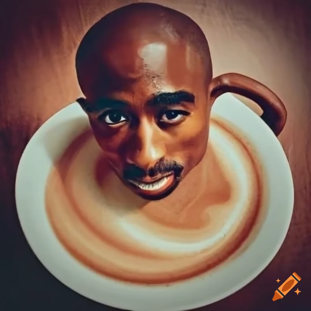 Small version of 2pac swimming in a cup of coffee on Craiyon