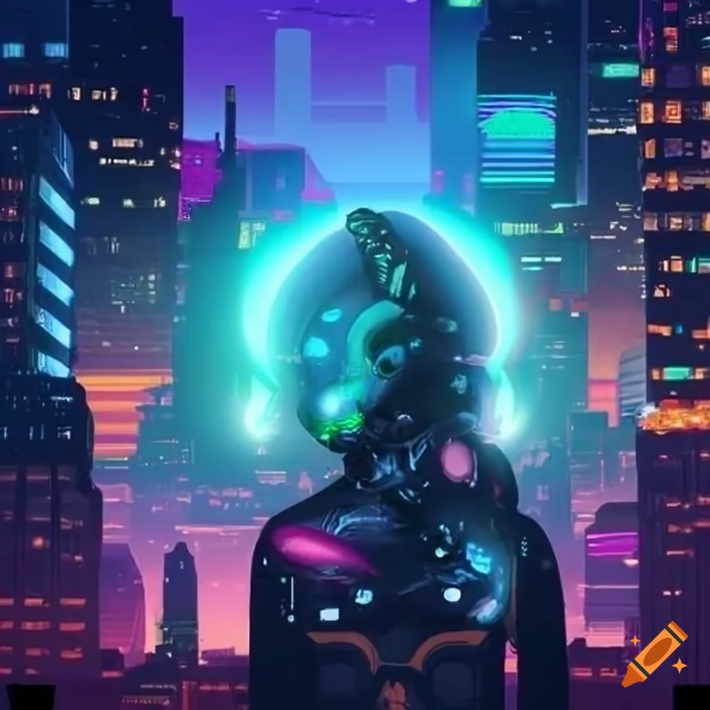 Cityscape blending biopunk and cyberpunk elements with cyborg animals ...