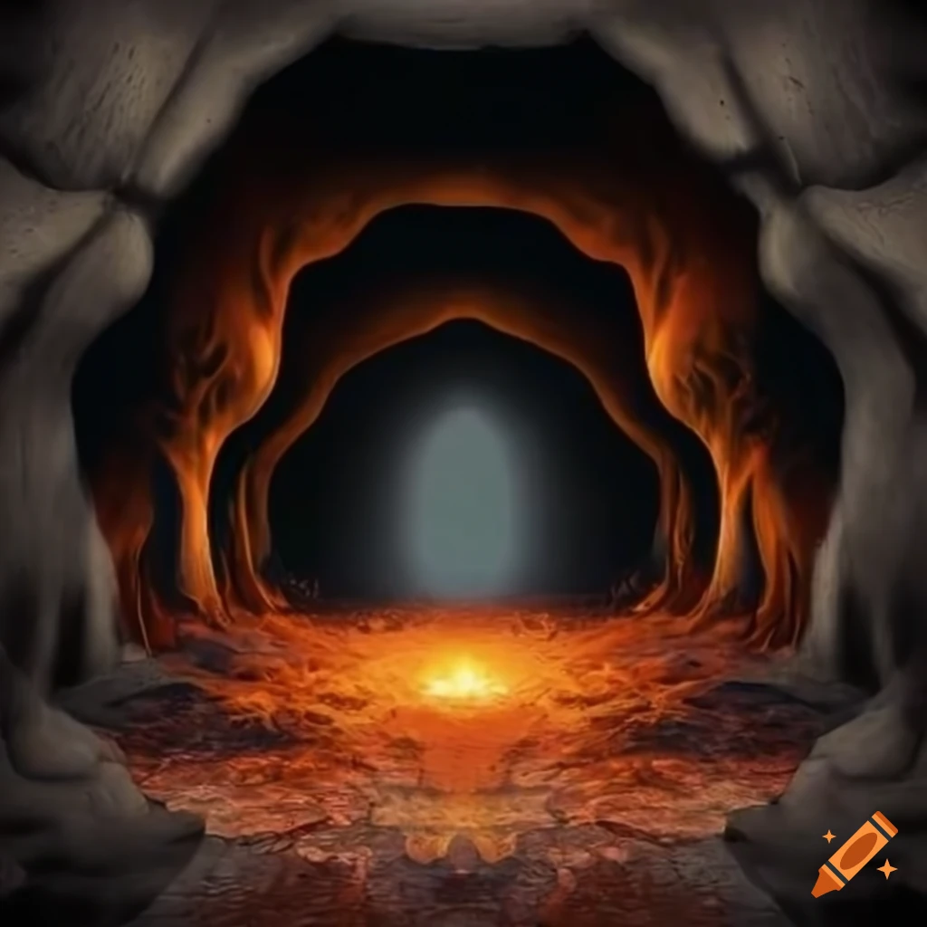 Dark cave with fiery floor on Craiyon