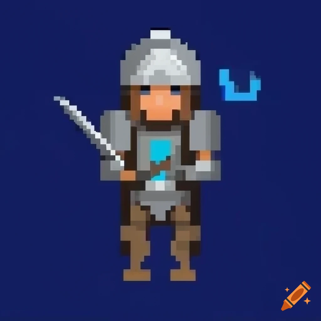 Human fighter with sword and shield in pixel art style on Craiyon