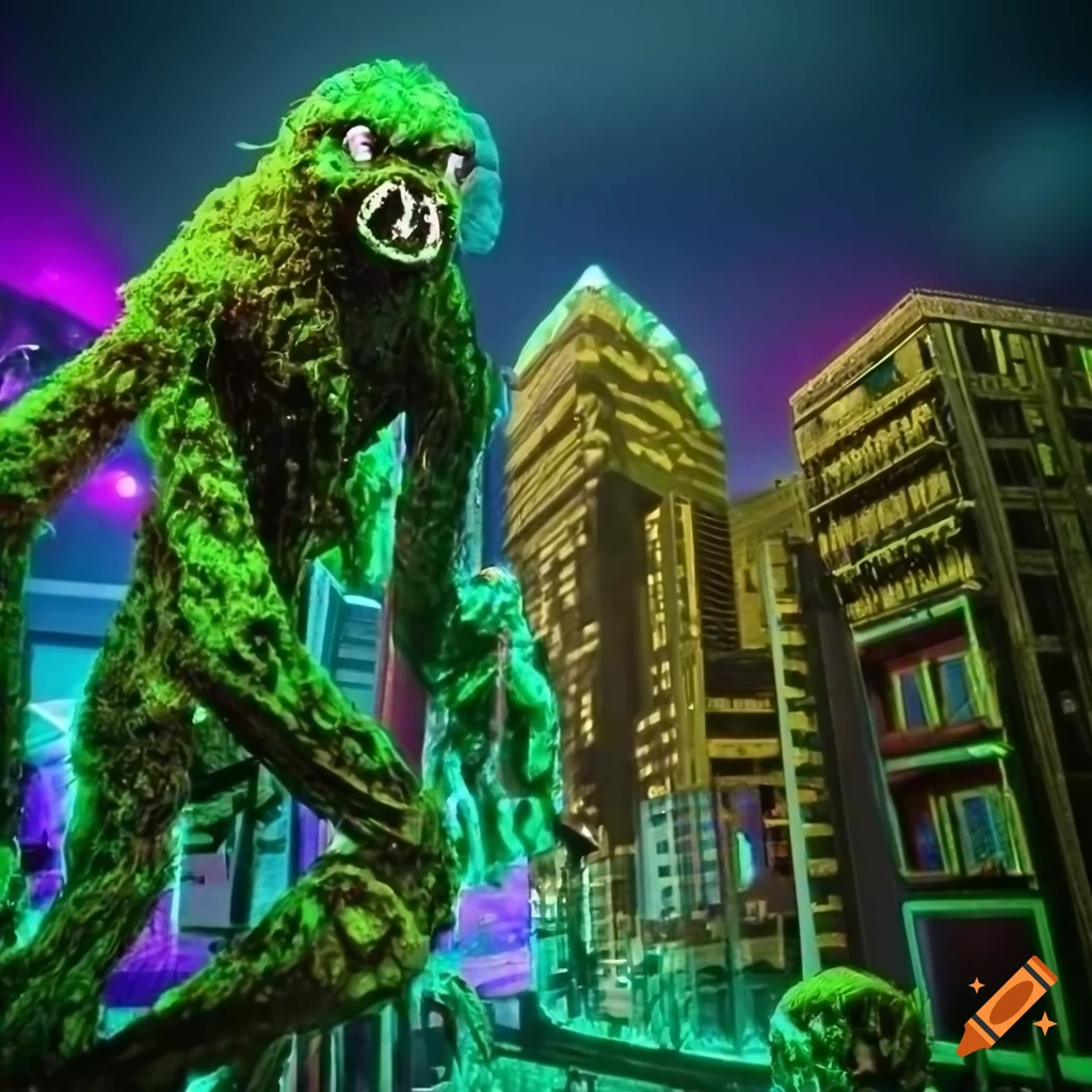 Glowing biopunk cityscape with cyborg mutant omega mart lemon fruit ...