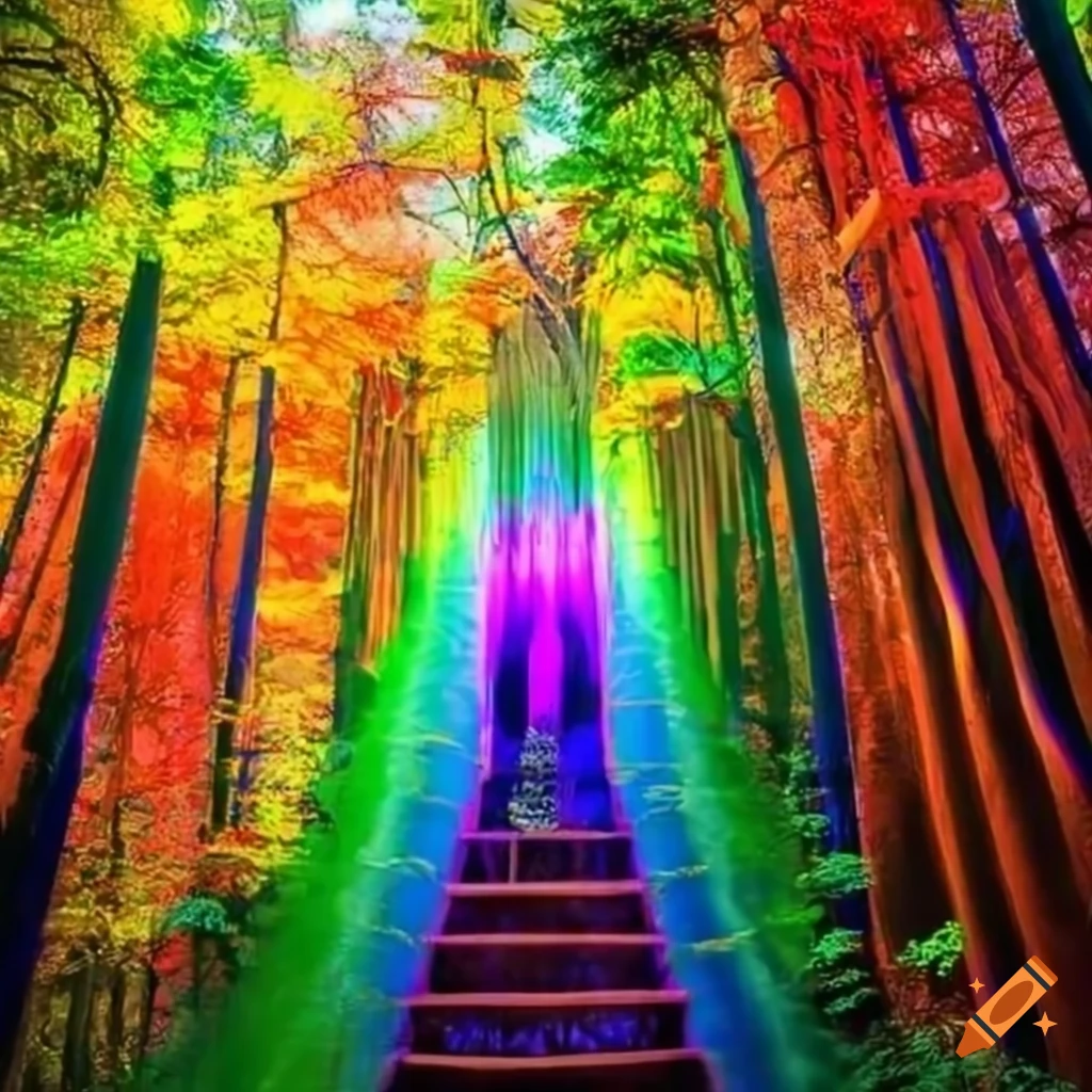 Giant rainbow-colored organ in a paradise-like forest on Craiyon