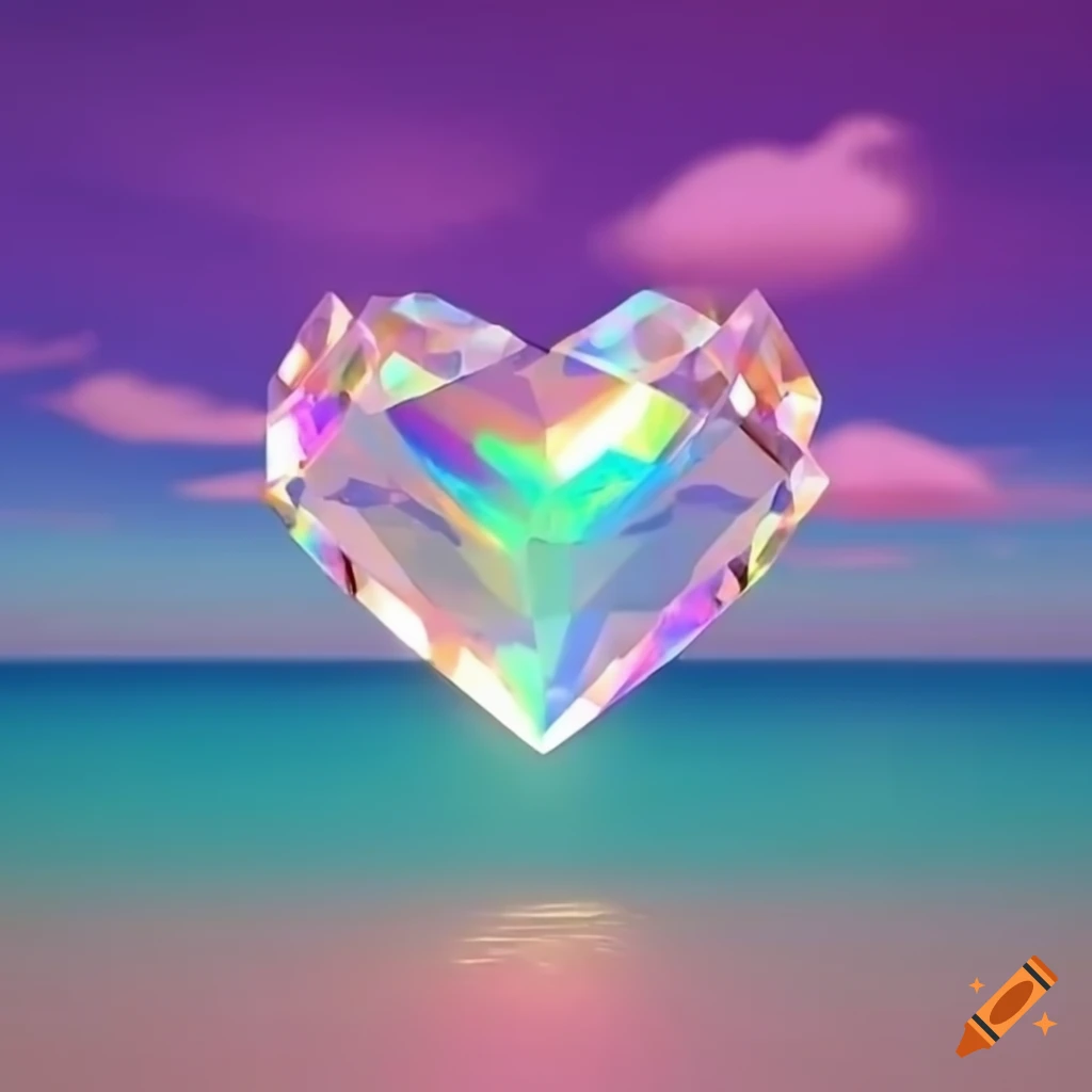 Crystal 3D diamond heart at iridescent beach with pink light on Craiyon