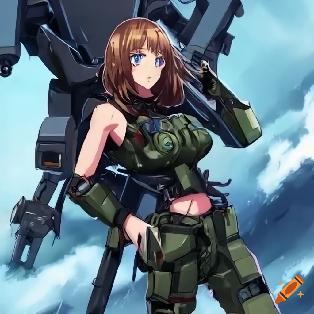 Anime mech pilot with long brown hair and blue eyes in a black outfit ...