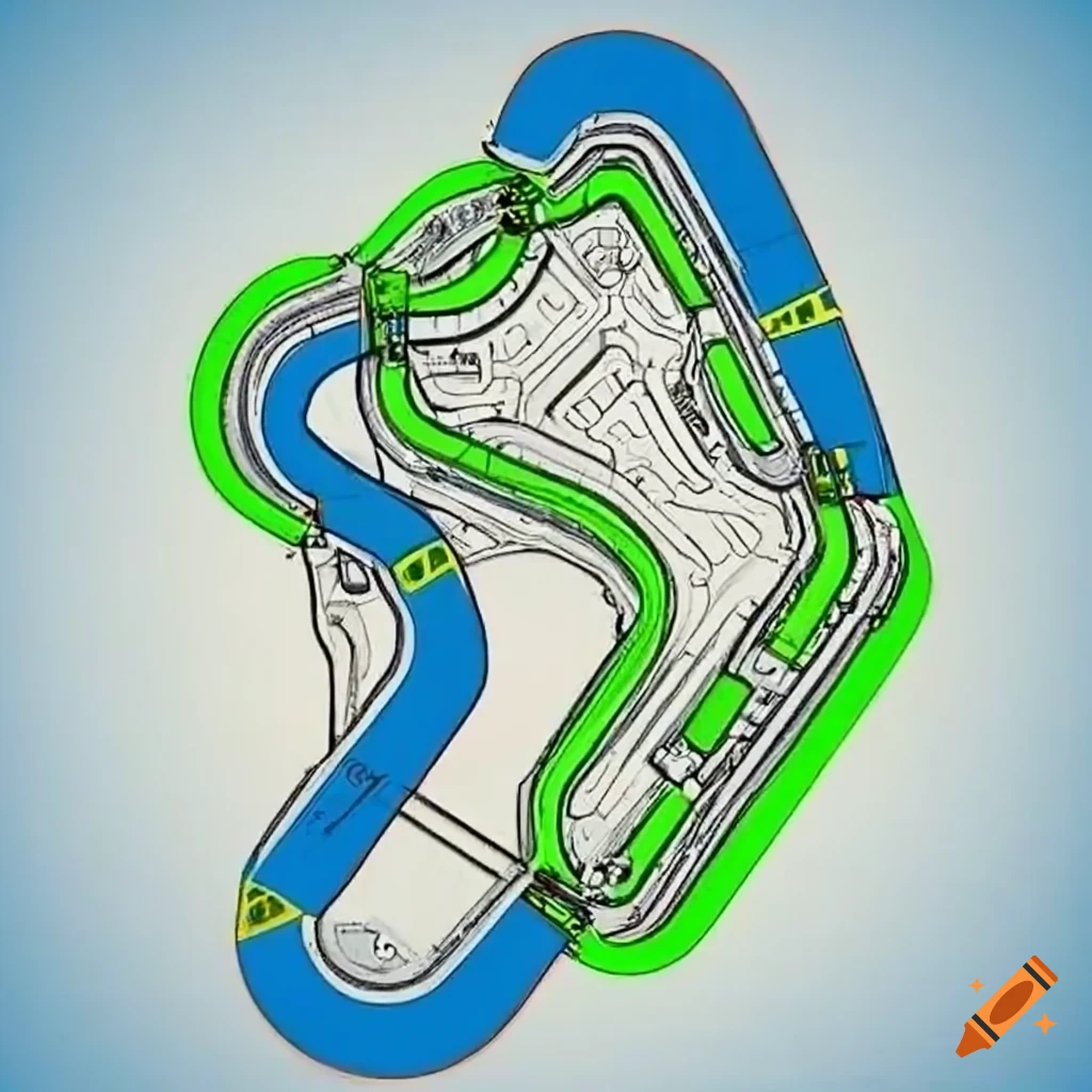 Grand prix racing circuit map layout and surroundings on Craiyon
