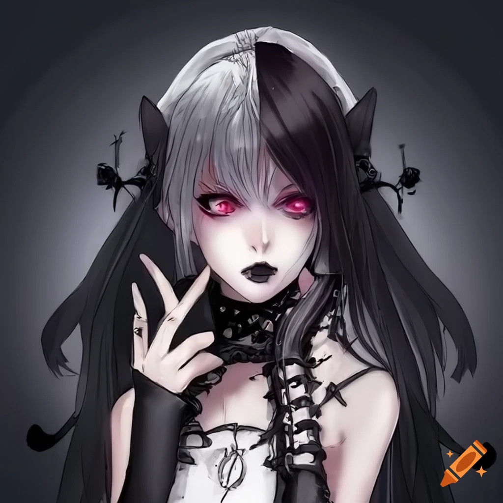 Goth anime woman in white dress and black boots on Craiyon