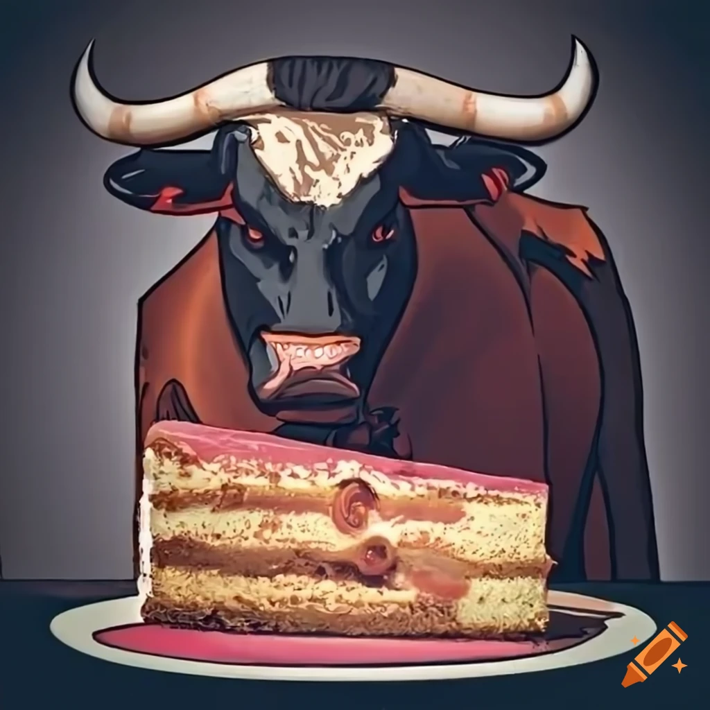 Large bull enjoying a piece of delicious cake on Craiyon