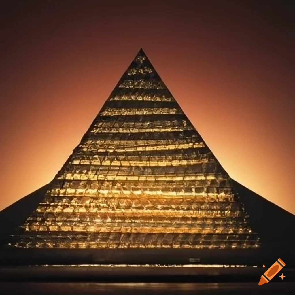 Dazzling pyramid covered in gold and silver glow at sunset on Craiyon