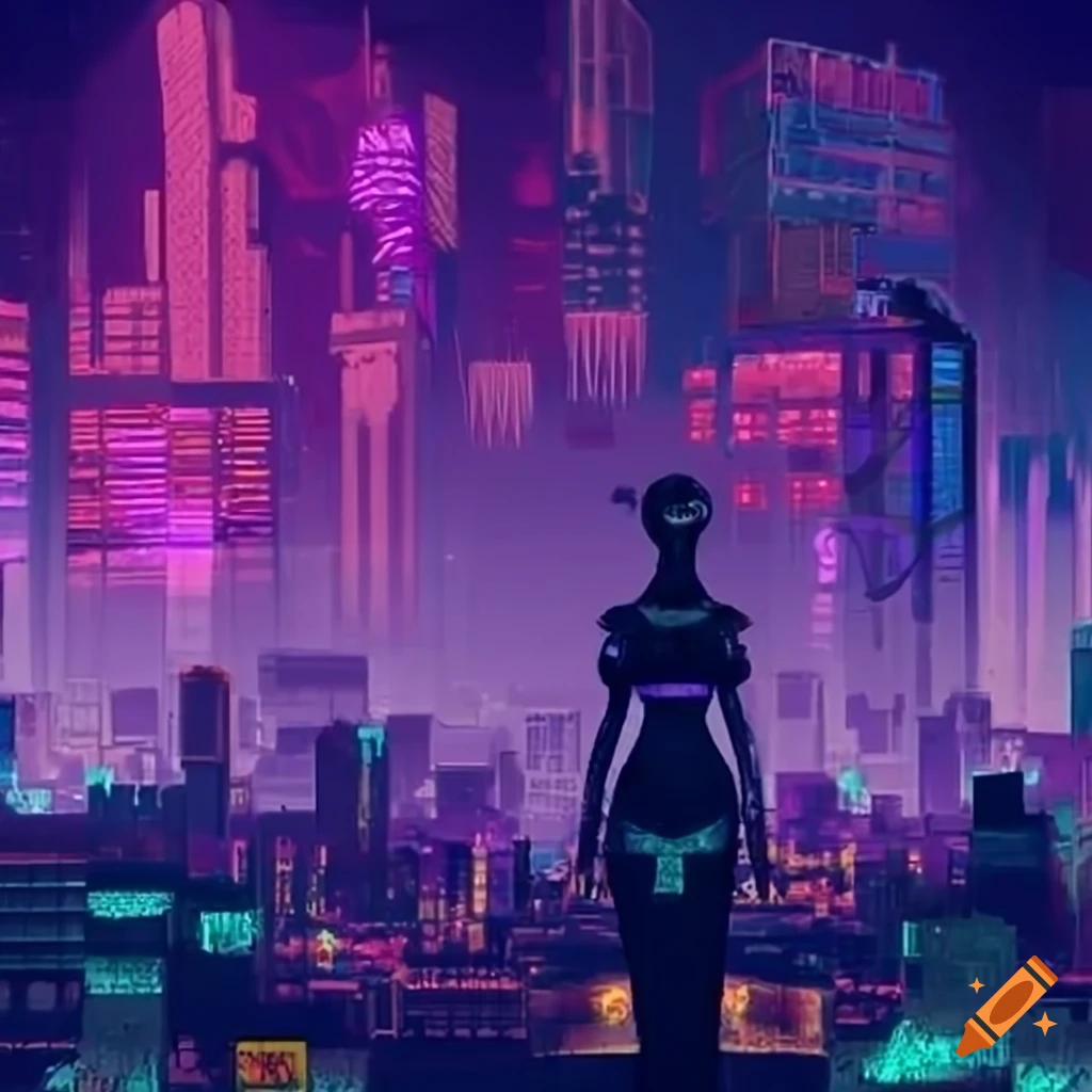 Cityscape with biopunk and cyberpunk elements featuring cyborg animals ...