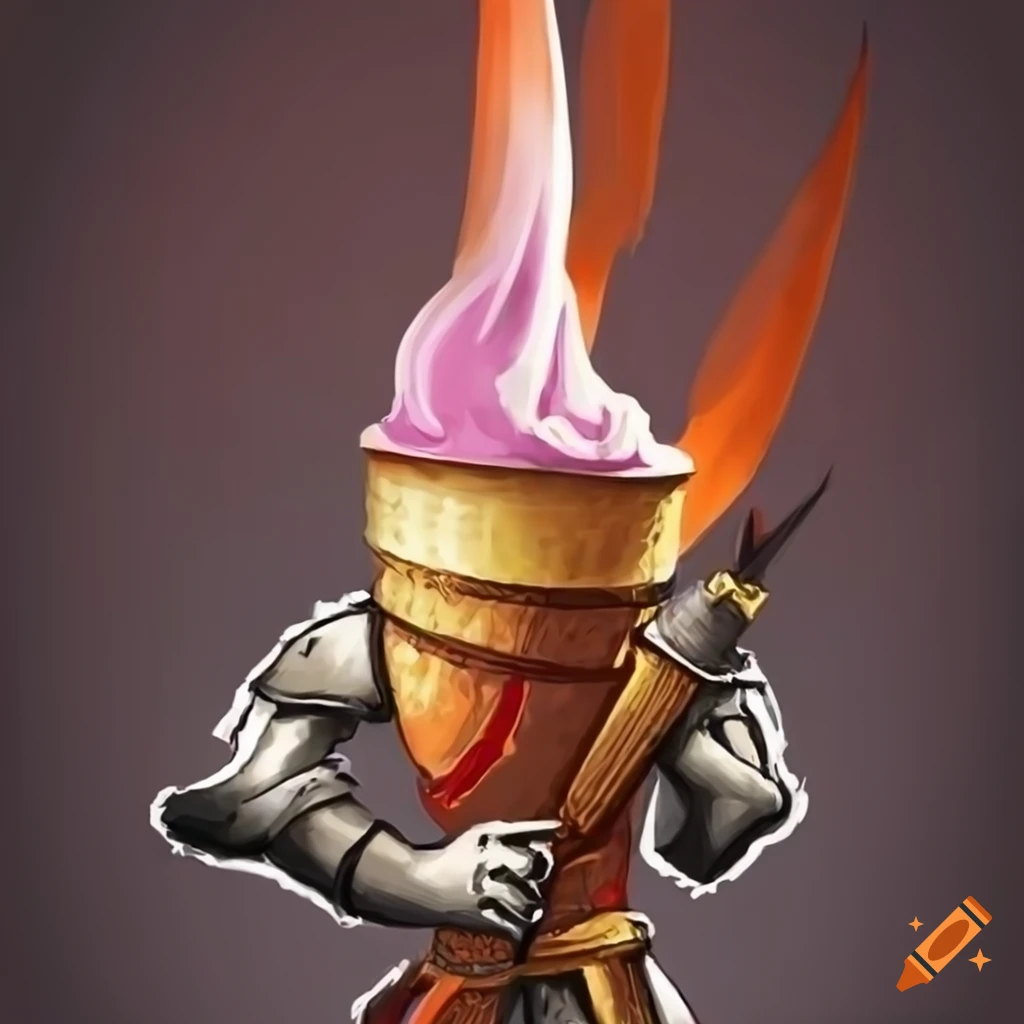 Ice cream in armor with a fiery sword battling demons in hell on Craiyon