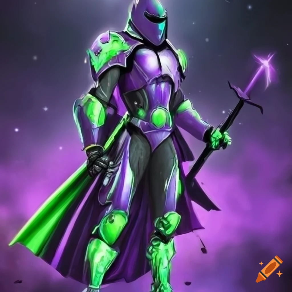 Detailed space knight in green and purple colors on Craiyon