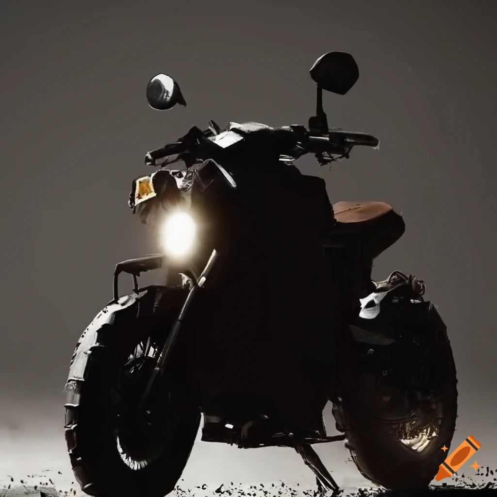 Motorcycle in a post-apocalyptic desert reminiscent of Mad Max on Craiyon