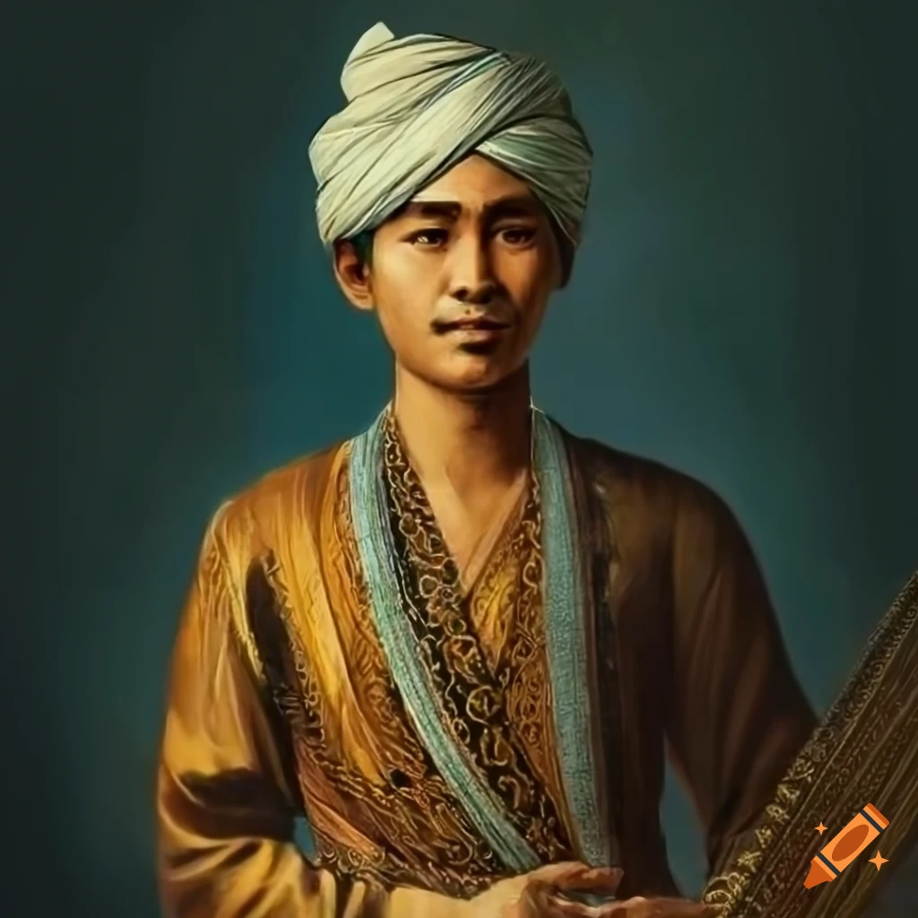 Historical portrait of an Indonesian man in a sarung and turban with a ...