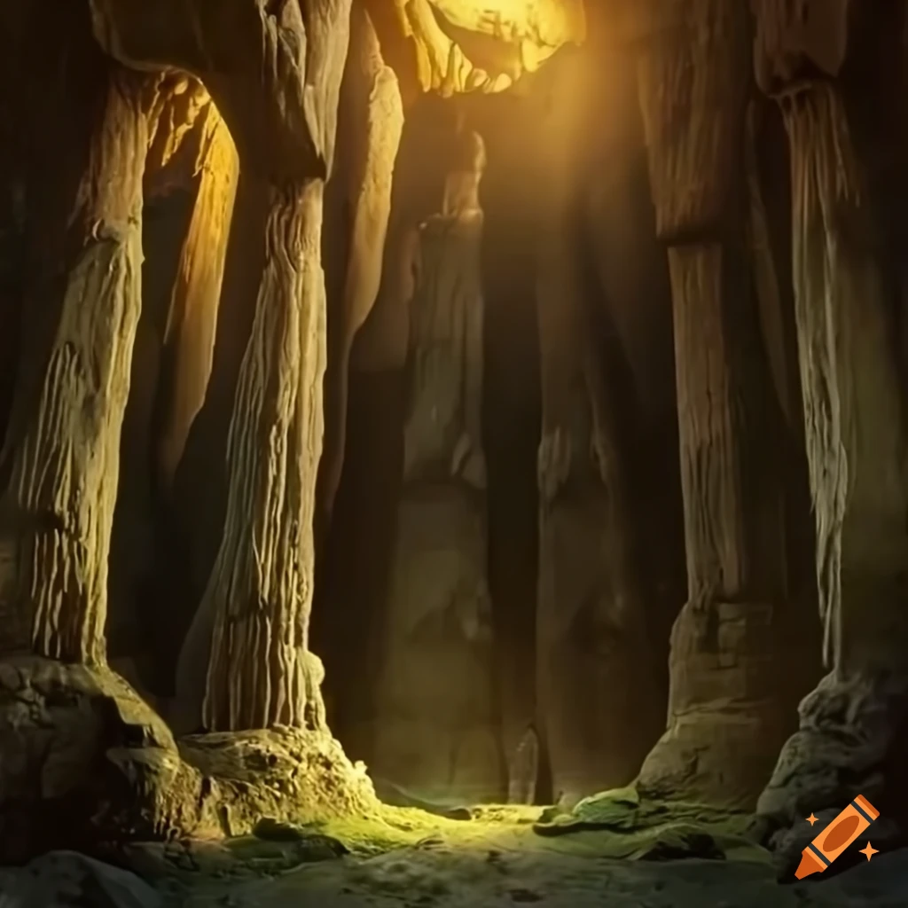 Stone cavern with tall columns inhabited by goblins on Craiyon